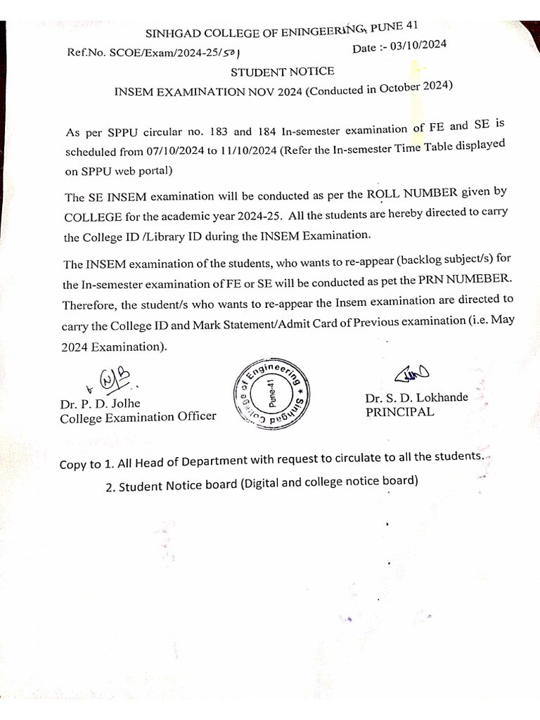 FE & SE Insem Exam Students Notice November 2024 Exam | PDF