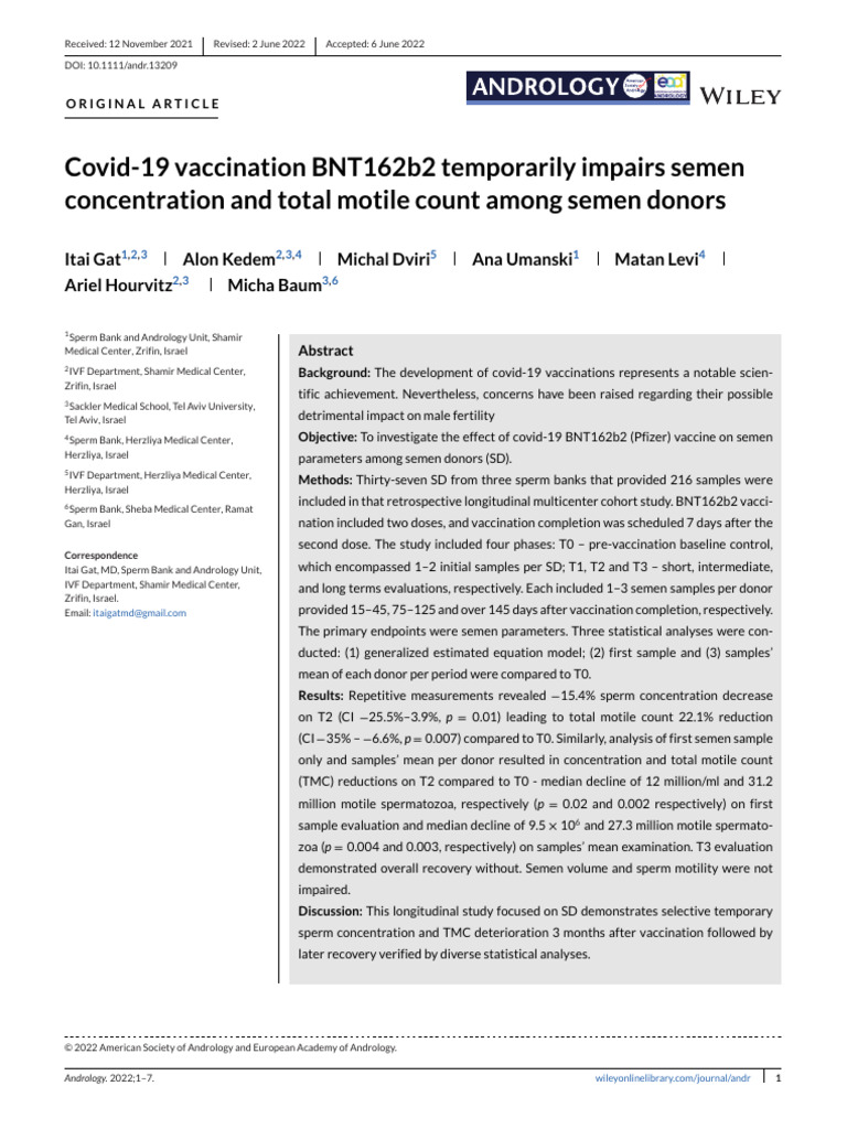 Covid 19 Vaccination BNT162b2 Temporarily Impairs Semen Concentration | PDF