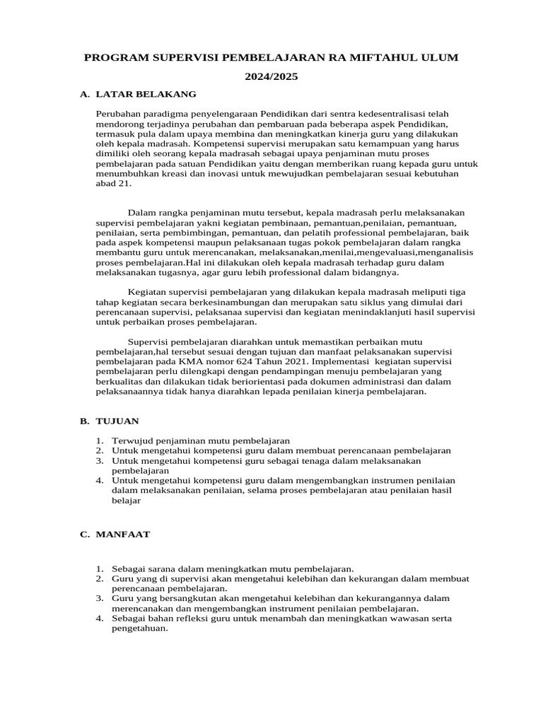 Program Supervisi Pembelajaran Ra Miftahul Ulum | PDF