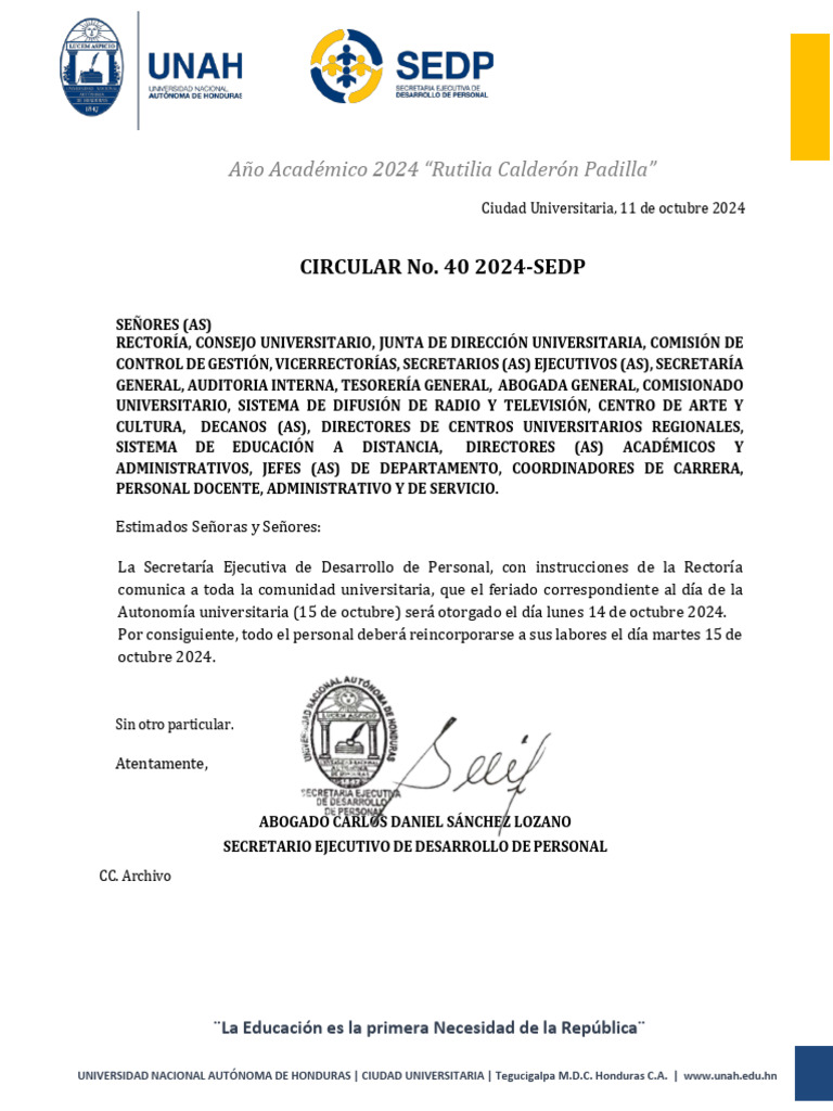 Circular-040-2024-SEDP-FERIADO Autonomía | PDF