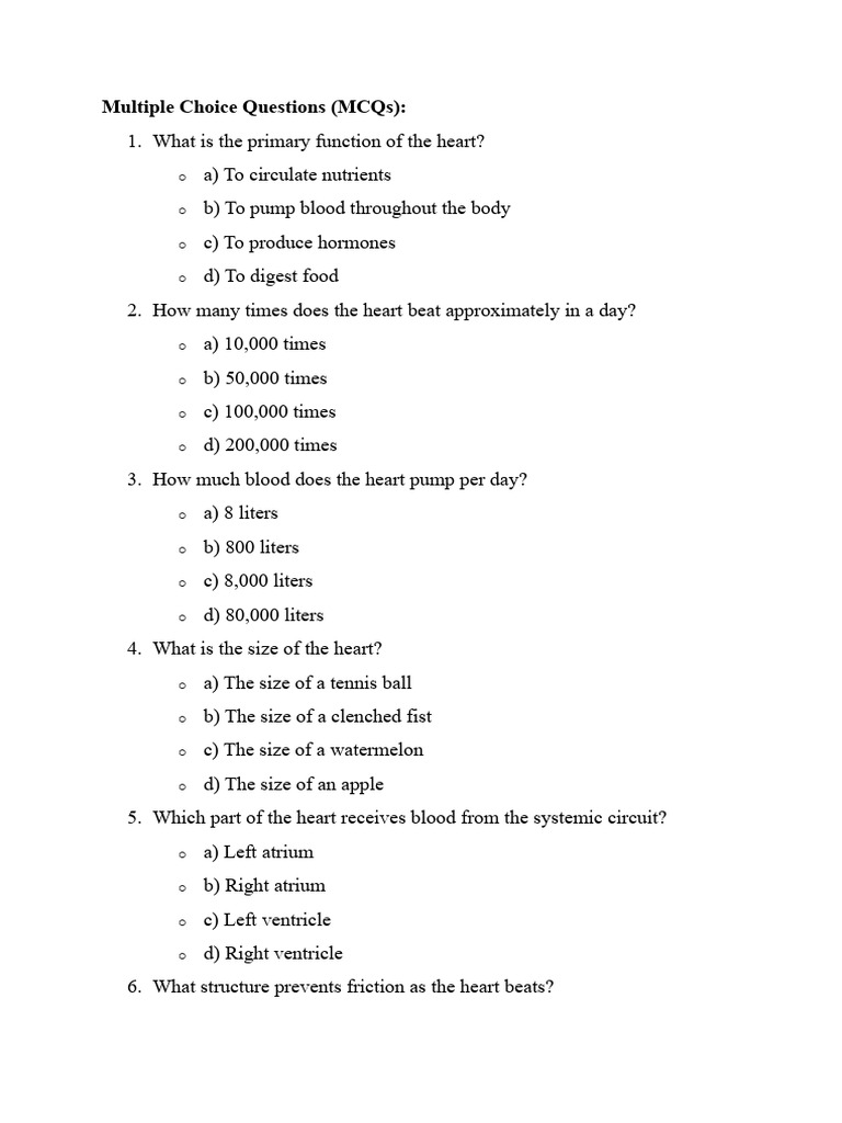 Multiple Choice Questions Heart | PDF