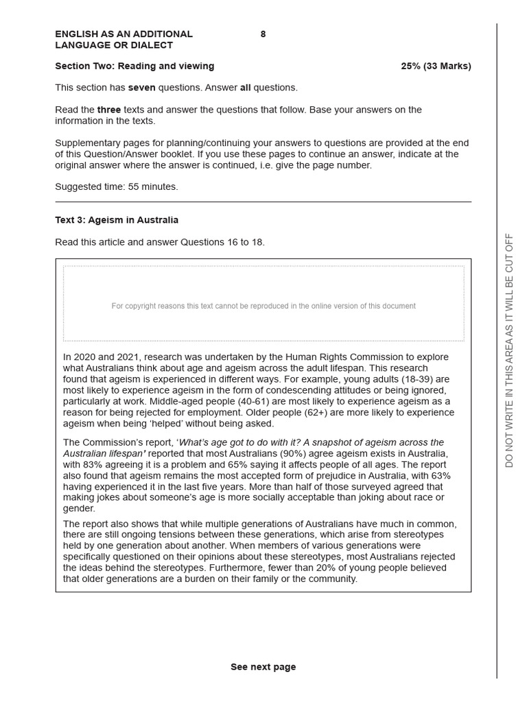 SFMS YEAR 12 EALD Sample Paper 1 (Reading - Viewing) | PDF