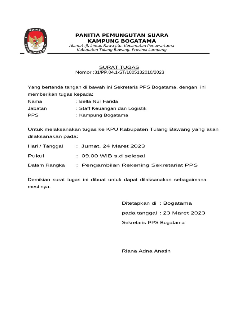 32 SPPD Pengambilan Rekening Sekretariat PPS Bogatama | PDF