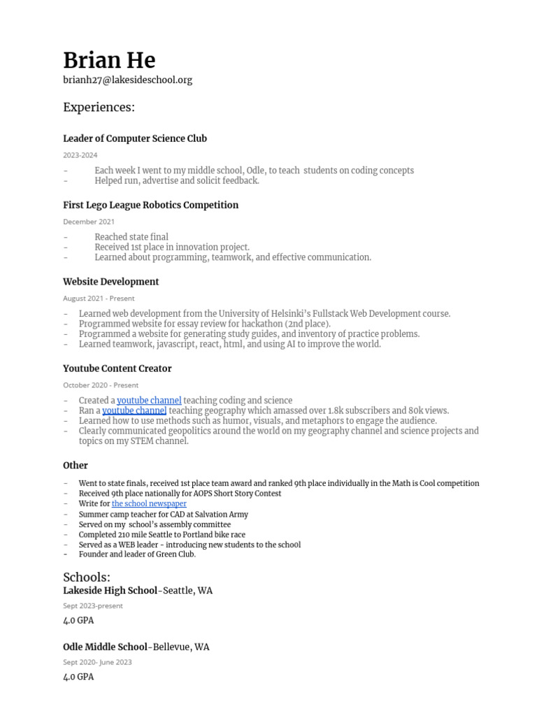 Brian He - Résumé 2024-25 | PDF