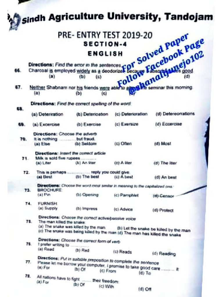 Past Papers of Sindh Agriculture University Tandojam | PDF