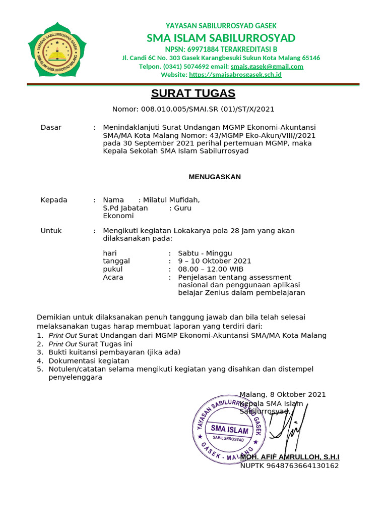 11 Surat Tugas Bu Mila | PDF