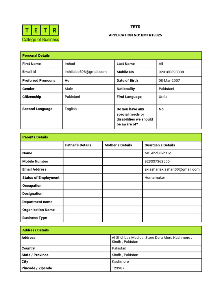 Application for TETR Admission | PDF