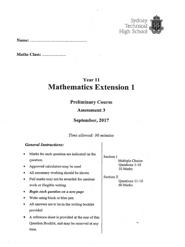 2017 P 3U - Sydney Tech - Prelim Yearly Exam Paper | PDF