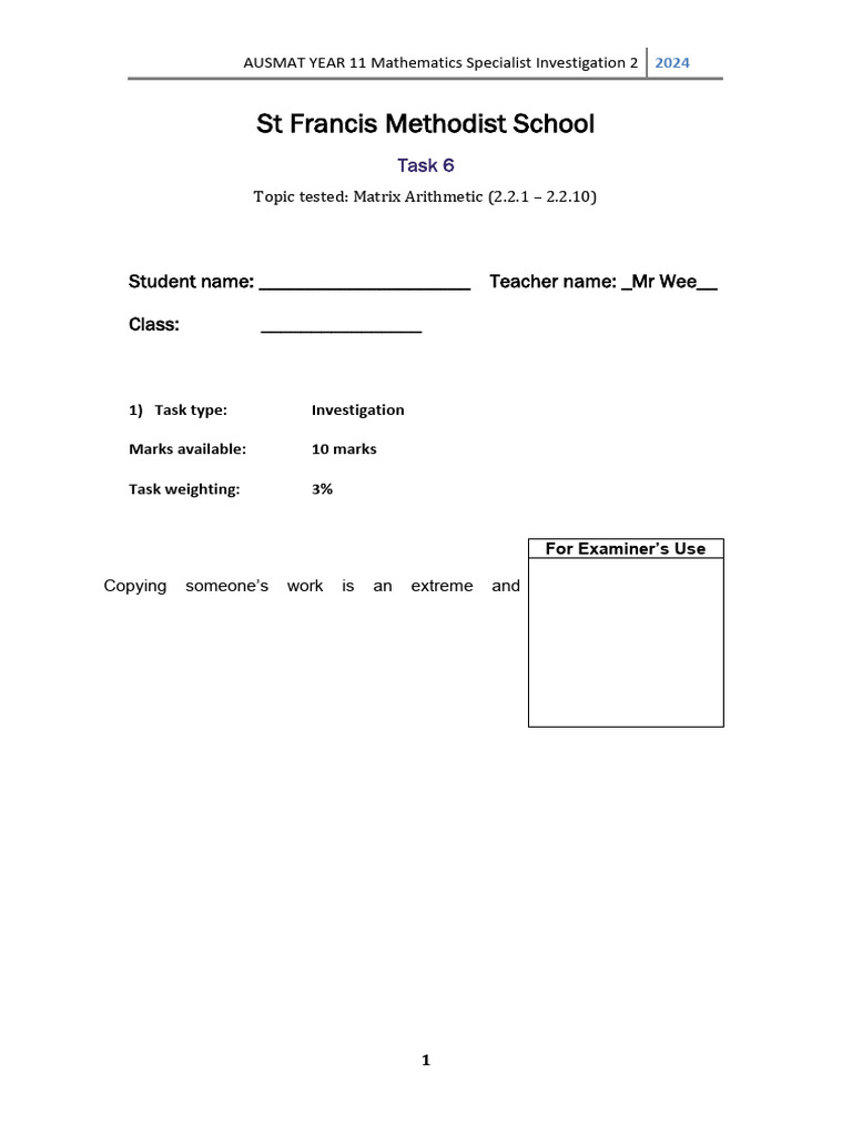 Investigation Task 6 Matrix Arithmetic V1 Pdf