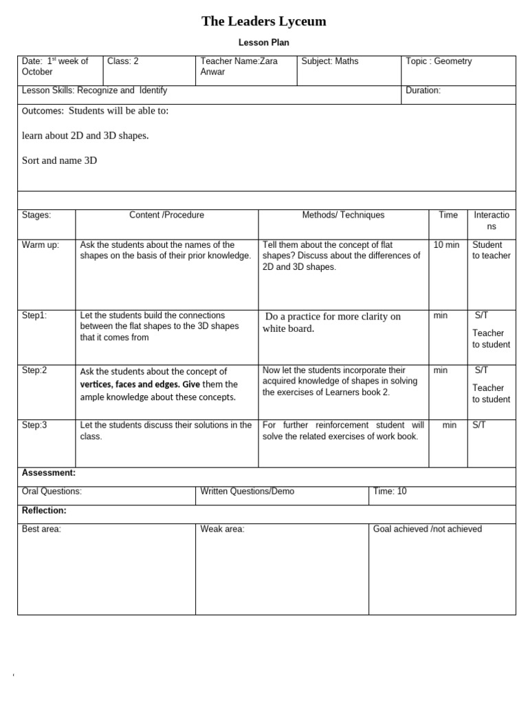 Lesson Plan For g2, 1 Week 1,2 Maths and Eng Final | PDF