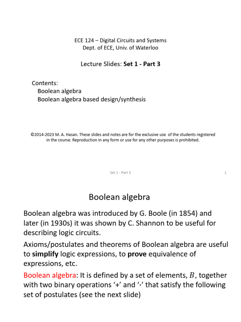 01 - 3 Boolean Algebra and Circuit Synthesis - 2023 | PDF