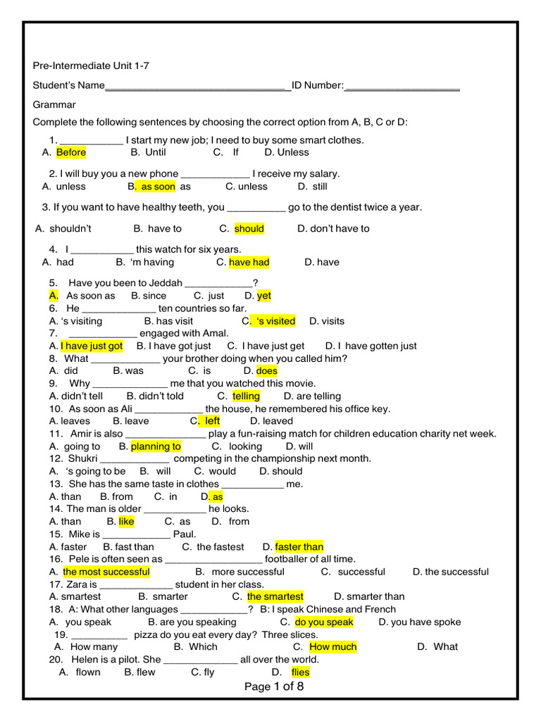 Pre-Intermediate Unit 1 to 7 Revision answers | PDF