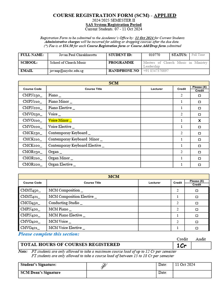 Jovan - APPLIED - SCM COURSE REGISTRATION FORM Jan 25 - May 25 | PDF