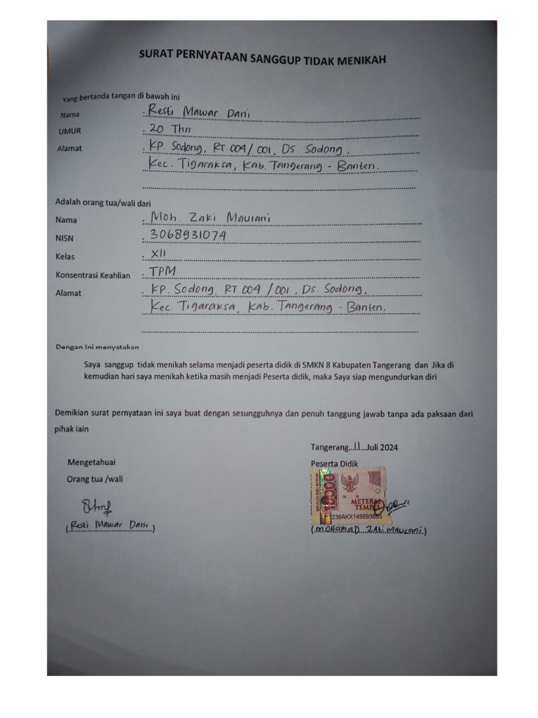 Surat Pernyataan Sanggup Tidak Menikah Zaki | PDF