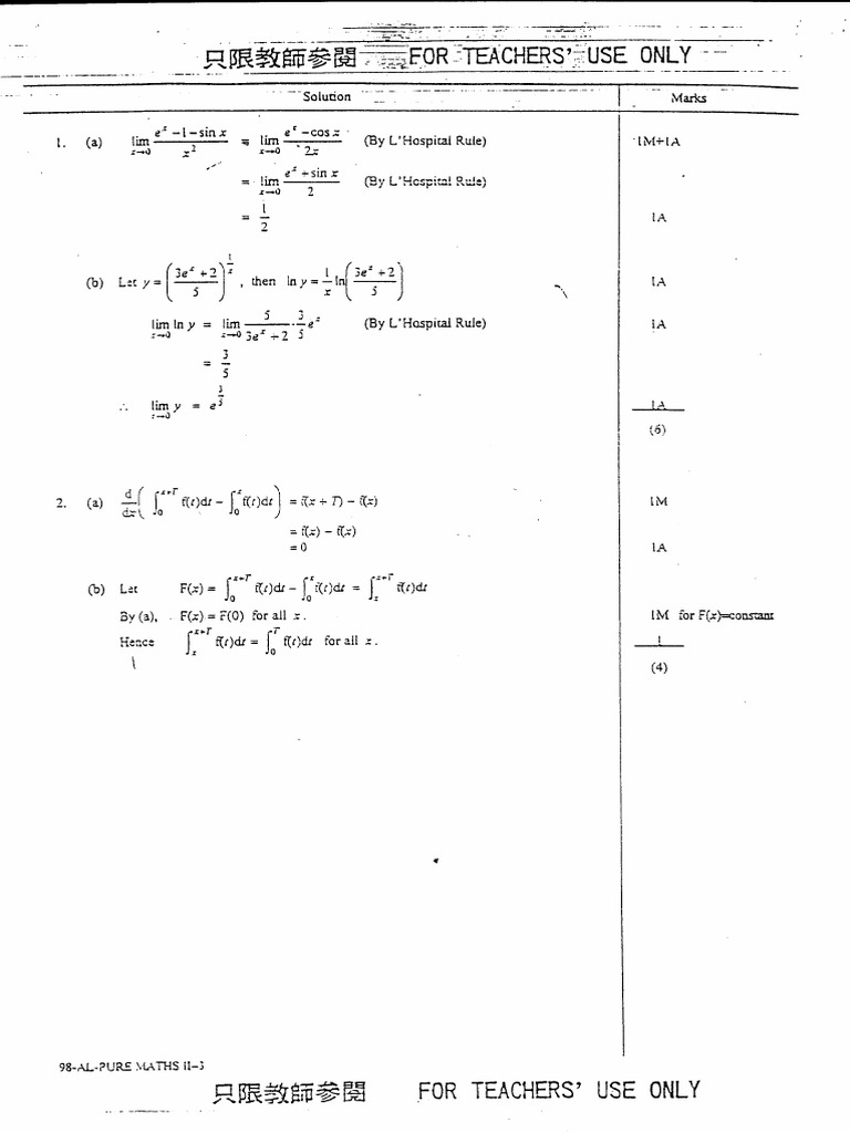 PureMaths 1998 Paper2 Marking Scheme | PDF PureMaths 1998 Paper2 Marking Scheme | PDF