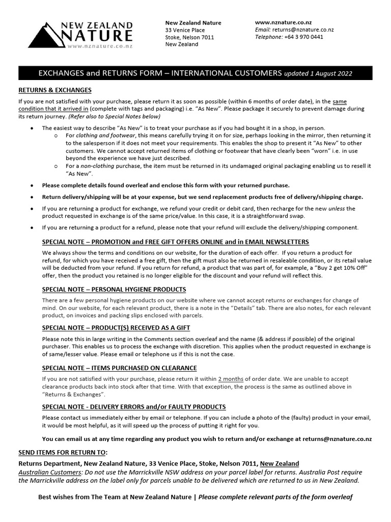 CURRENT Exchange Return Form OS 1aug22 | PDF