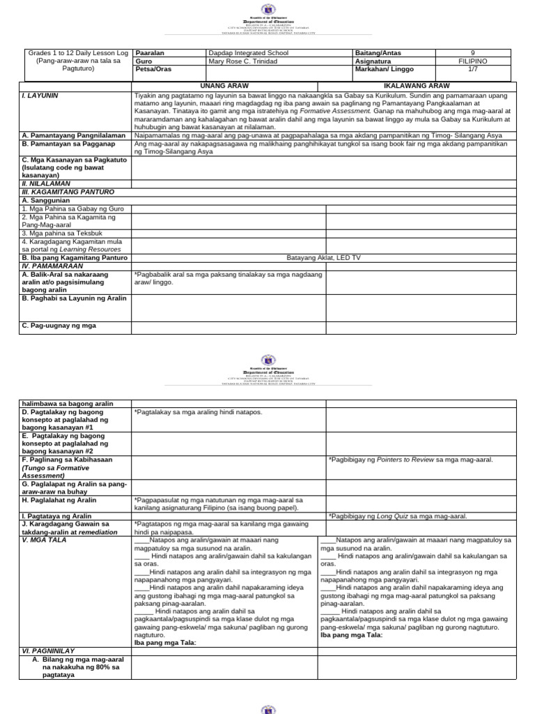 DLL (WEEK 8) Grade 9 | PDF