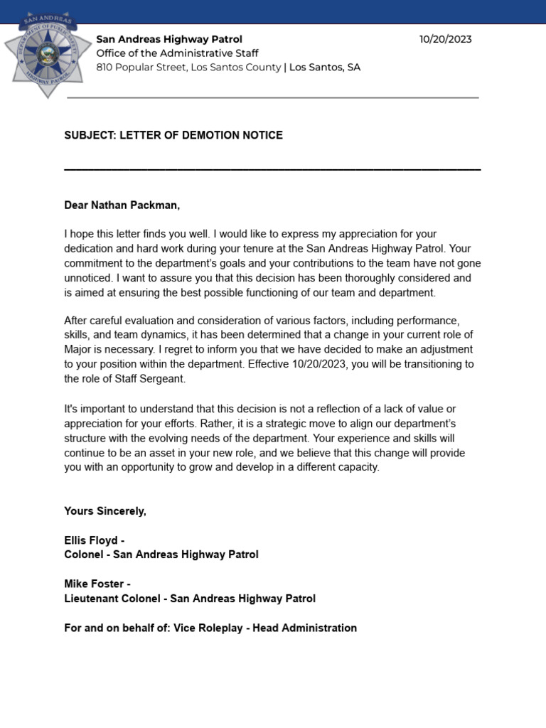 VRP SAHP Letter of Demotion Notice 10 20 2023 | PDF