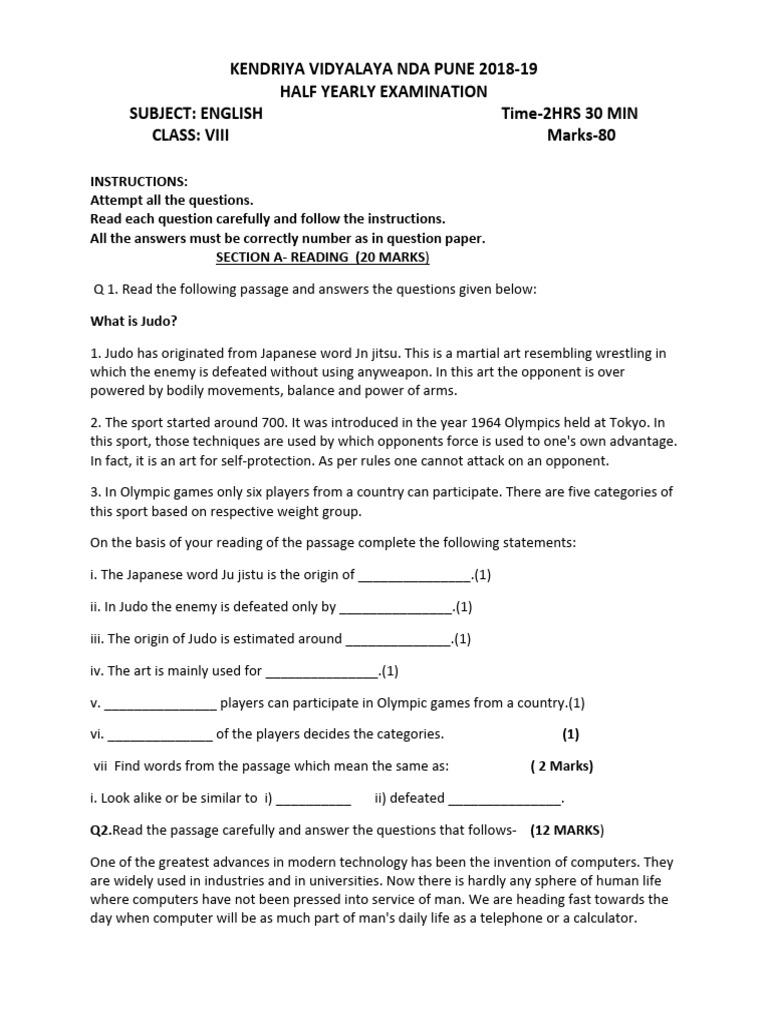 KV Class 8 Half Yearly Exam ENGLISH Model Question Paper 1 | PDF