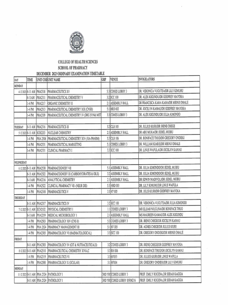 December 2023 Ordinary Examination Timetable | PDF