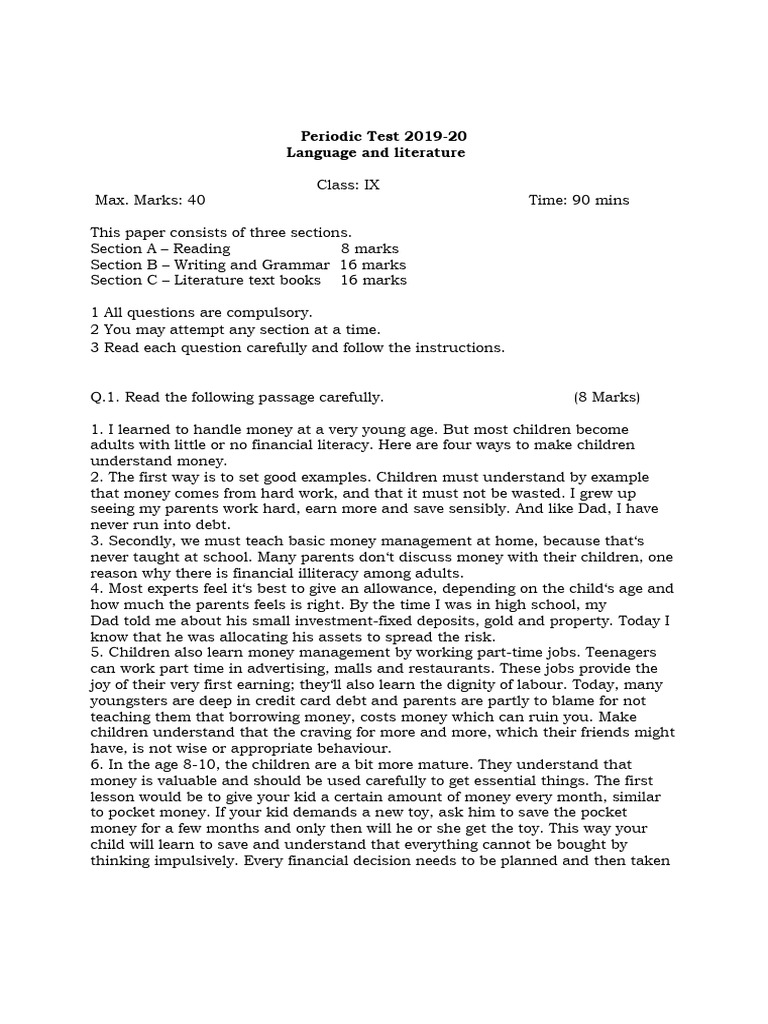 KV Class 9 Half Yearly Exam ENGLISH Previous Year Question Paper 2019 | PDF