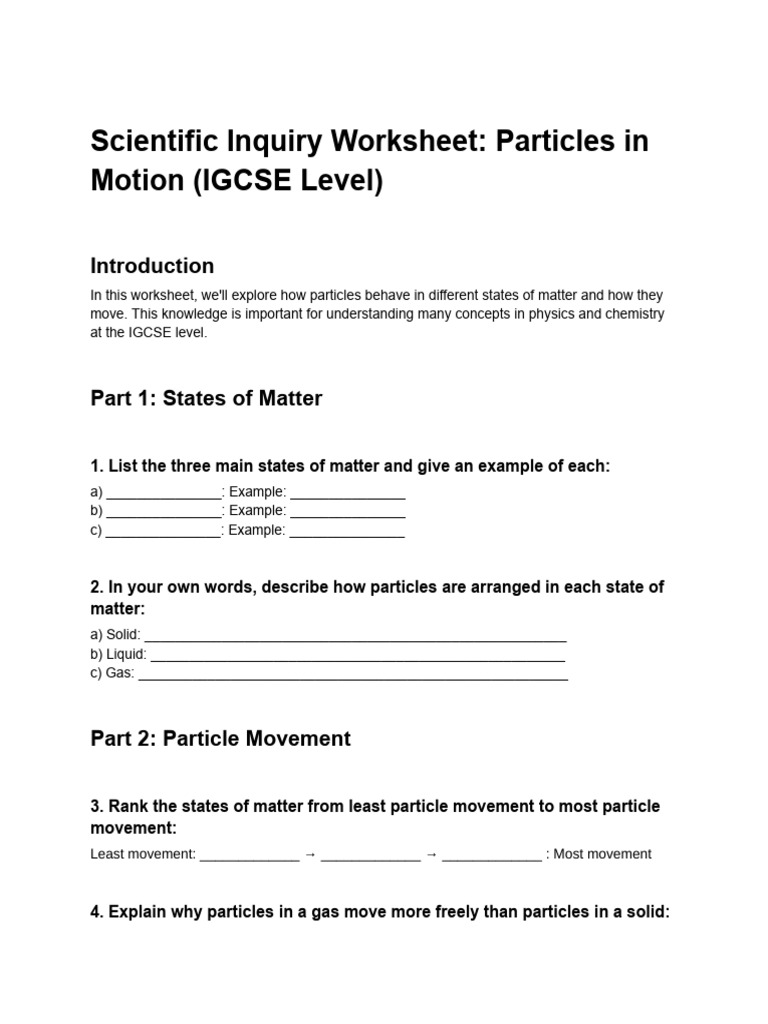 IGCSE Particle Motion Worksheet | PDF | Matter | Gases