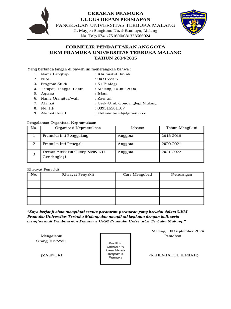 Formulir Pendaftaran UKM PRAMUKA UT MALANG | PDF