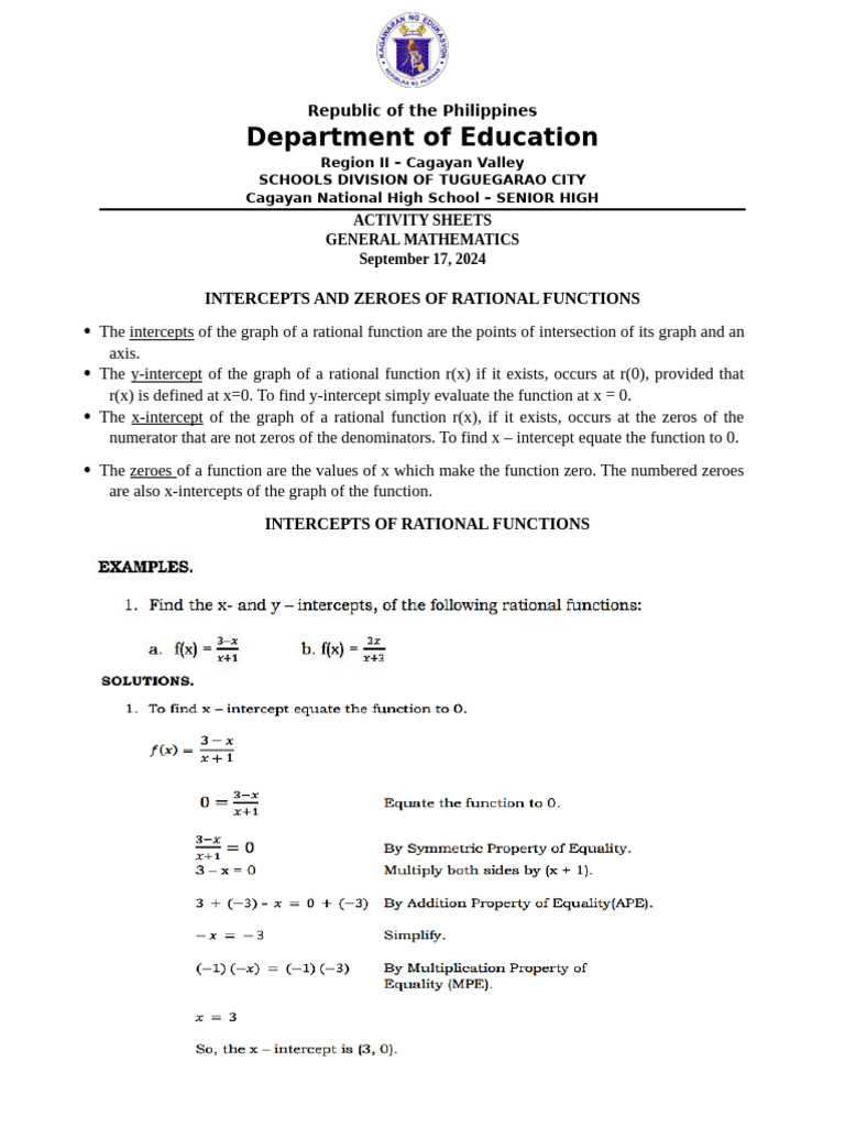 Intercepts and Zeroes of Rational Function | PDF