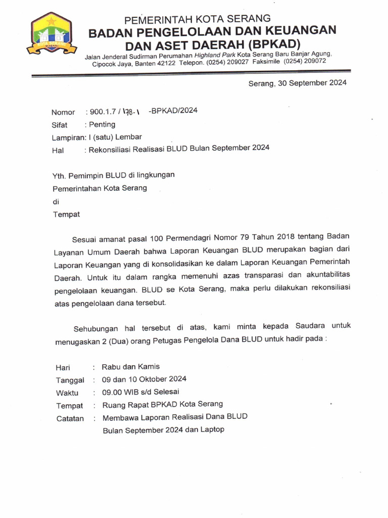 Undangan Rekon BLUD September 2024 | PDF