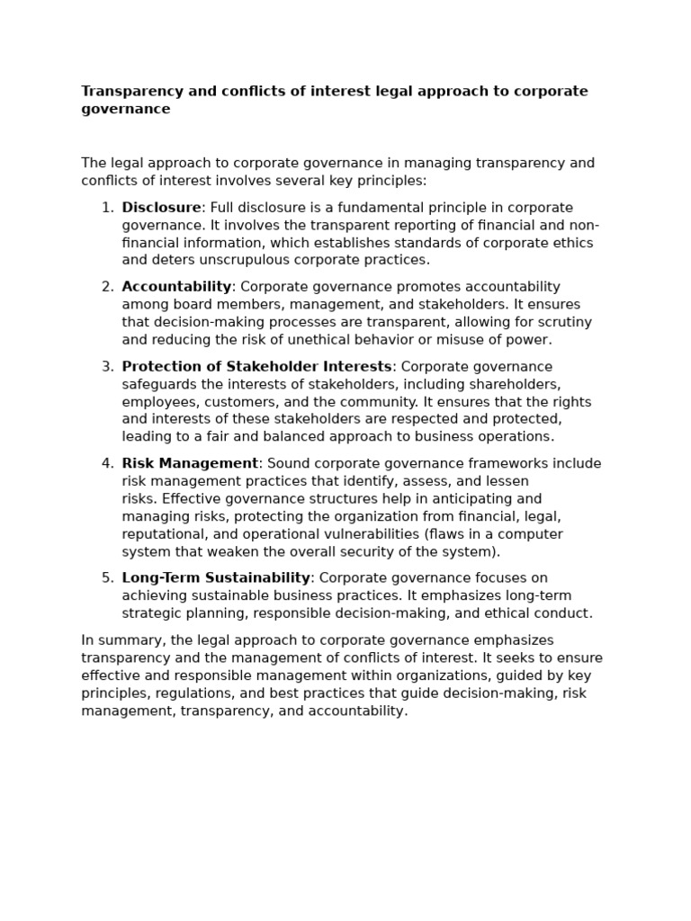 Transparency and Conflicts of Interest Legal Approach To Corporate Governance | PDF