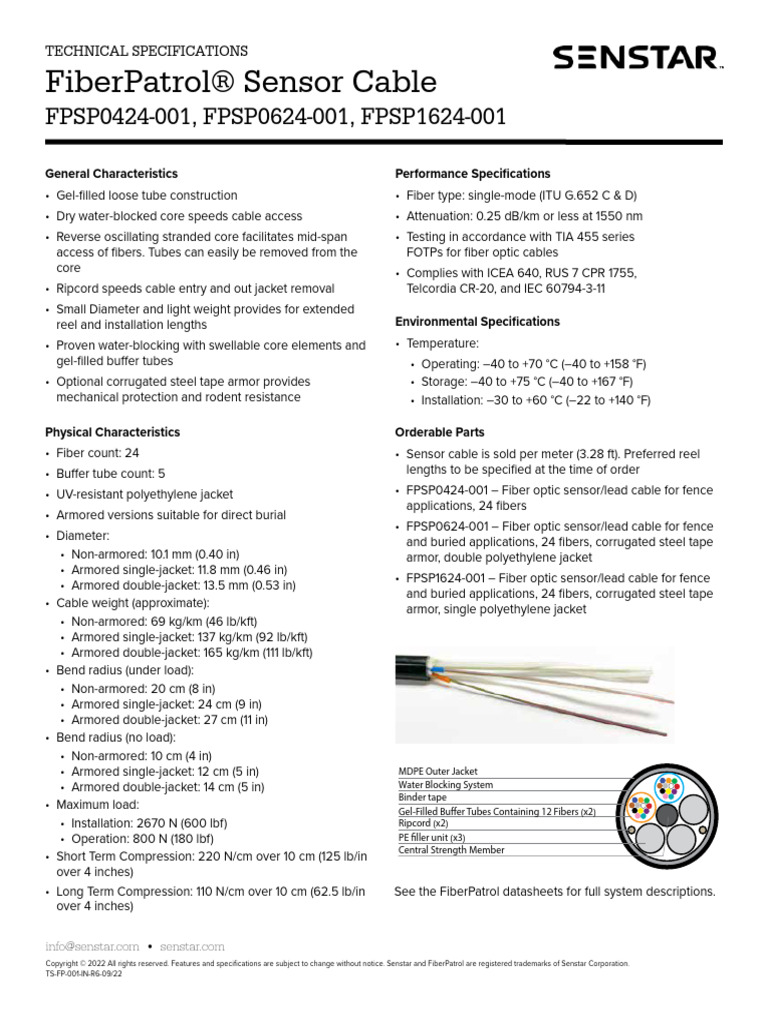 Technical Specifications FiberPatrol Fiber Optic Sensor Cable FPSPXXXX | PDF