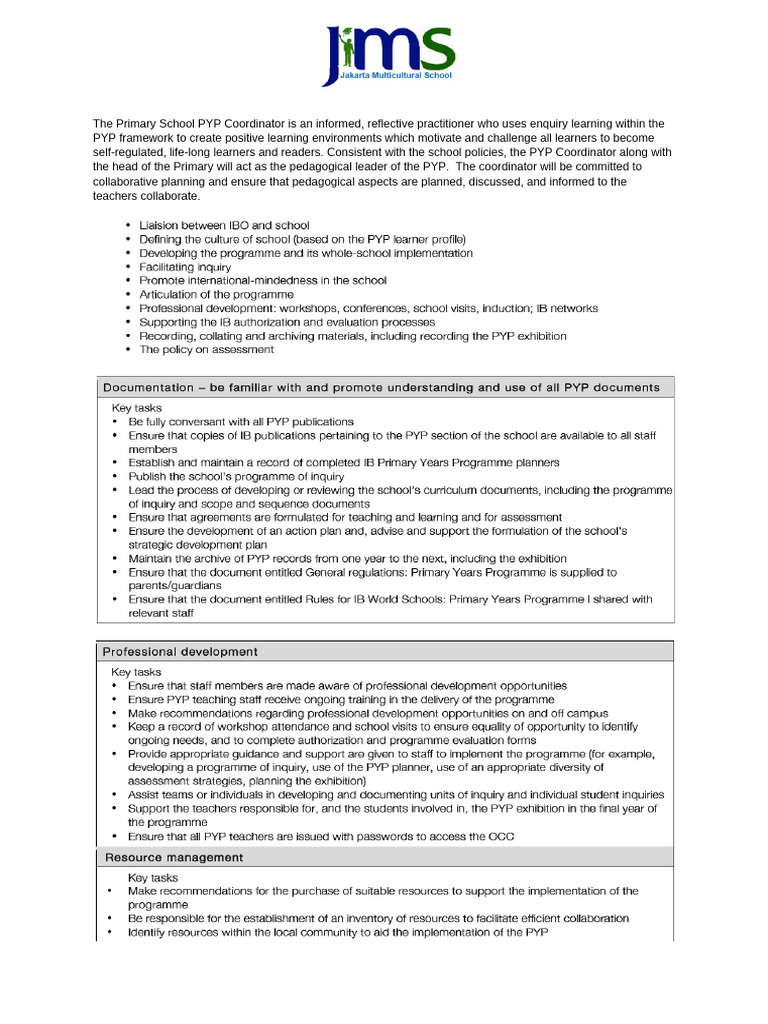 JMS PYP Coordinator Job Profile | PDF