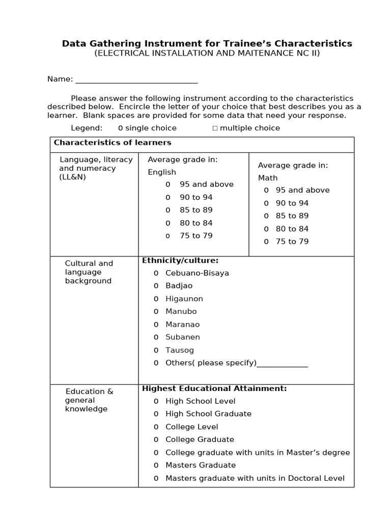1 - Data Gathering Instrument | PDF