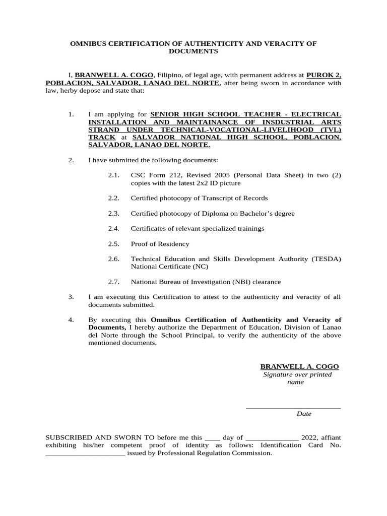 OMNIBUS CERTIFICATION OF AUTHENTICITY AND VERACITY OF DOCUMENTS | PDF