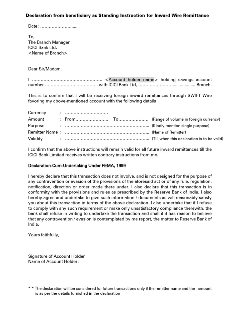 One Time Declaration Inward Wire Remittance | PDF