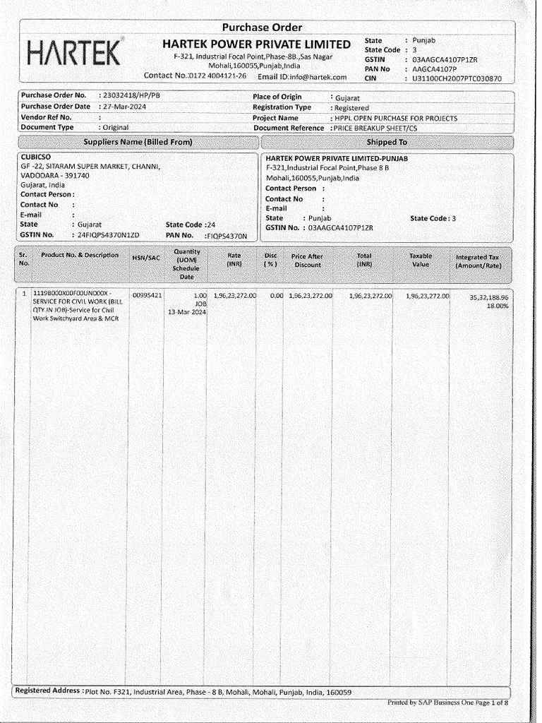WO-23032418-CUBICSO-132kV Switchyard - Civil Work-SJVN 75MW | PDF