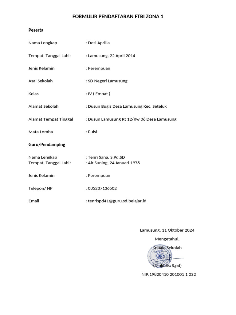 Formulir Pendaftaran FTBI SDN Lamusung | PDF