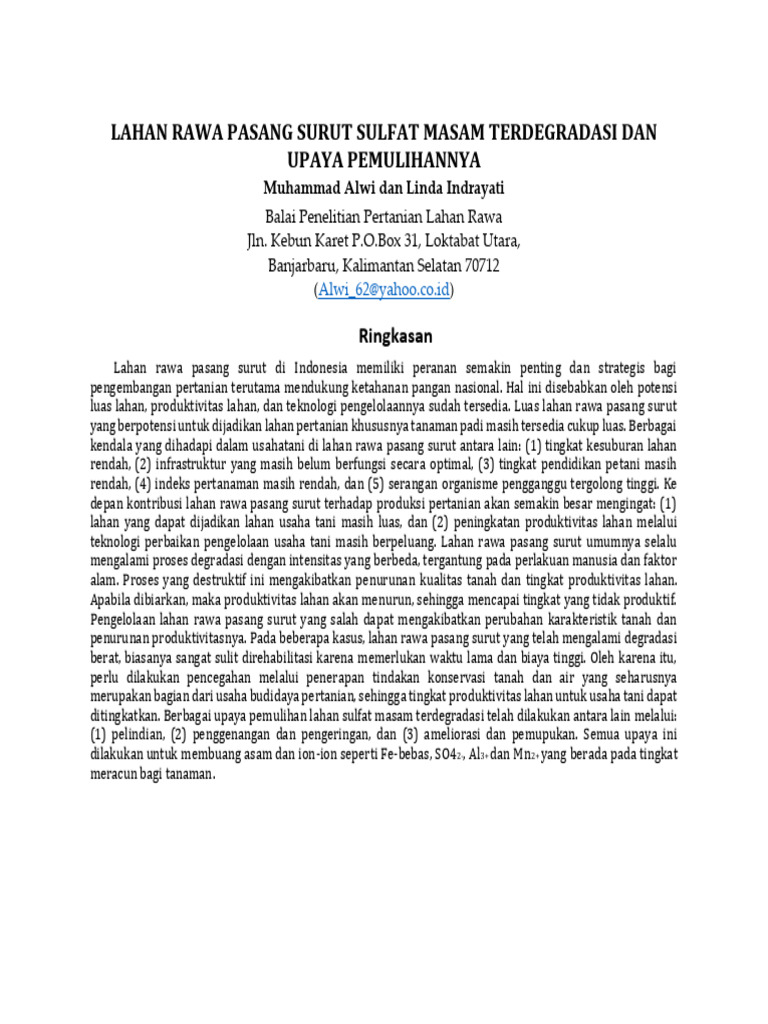 Lahan Rawa Pasang Surut Sulfat Masam Terdegradasi Dan Upaya Pemulihannya | PDF