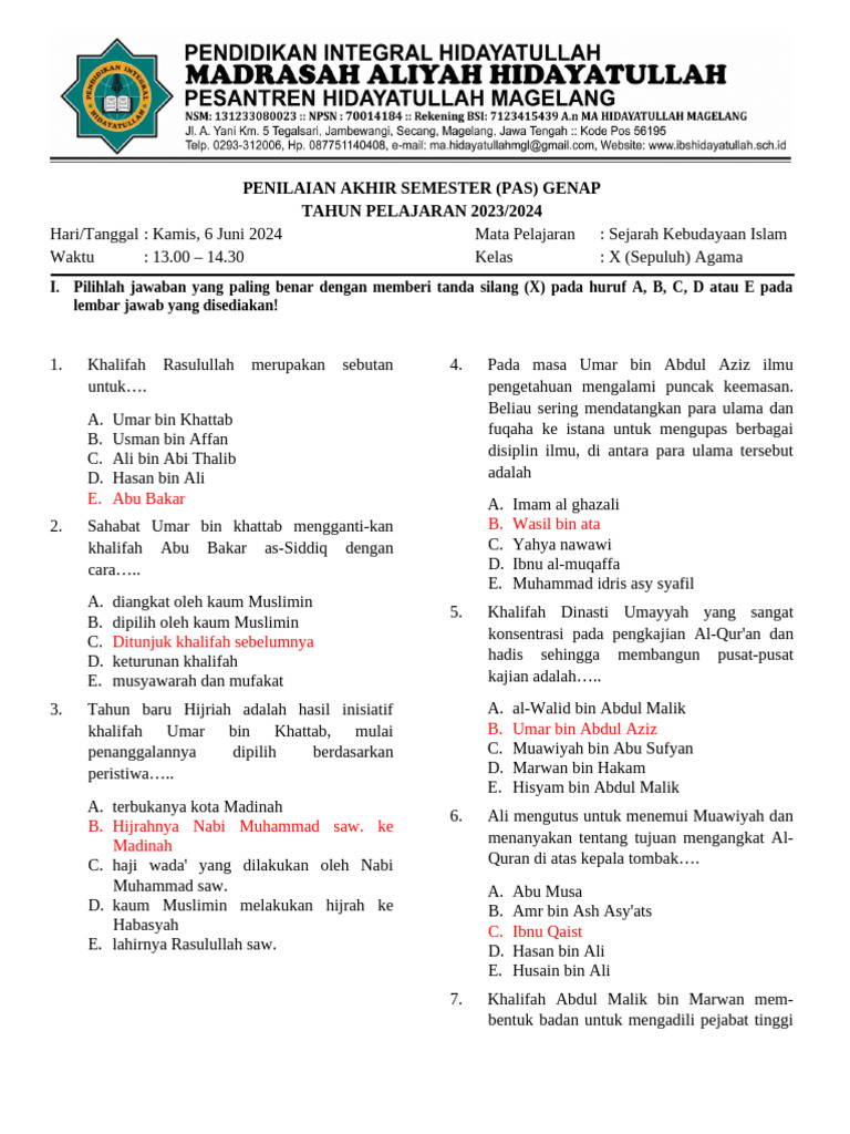 Soal PAS SKI 2024 - X | PDF
