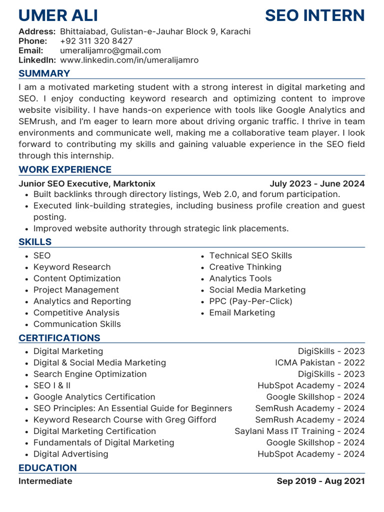 Umer Ali - SEO Internship - Resume | PDF