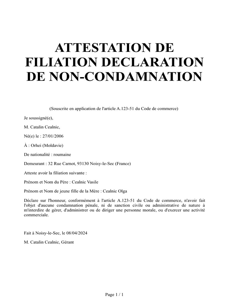 Eurl Attestation Filiation Non Condamnation-Gerant | PDF