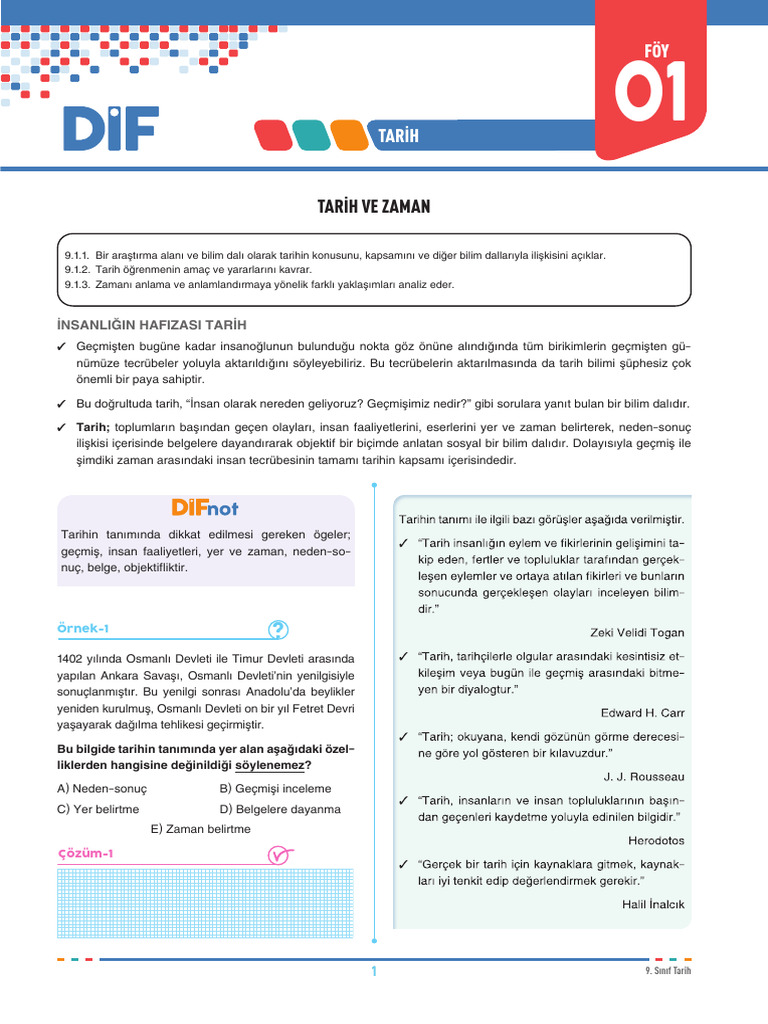 SINIF TARİH - DİF - FÖY 1 - Ornek | PDF