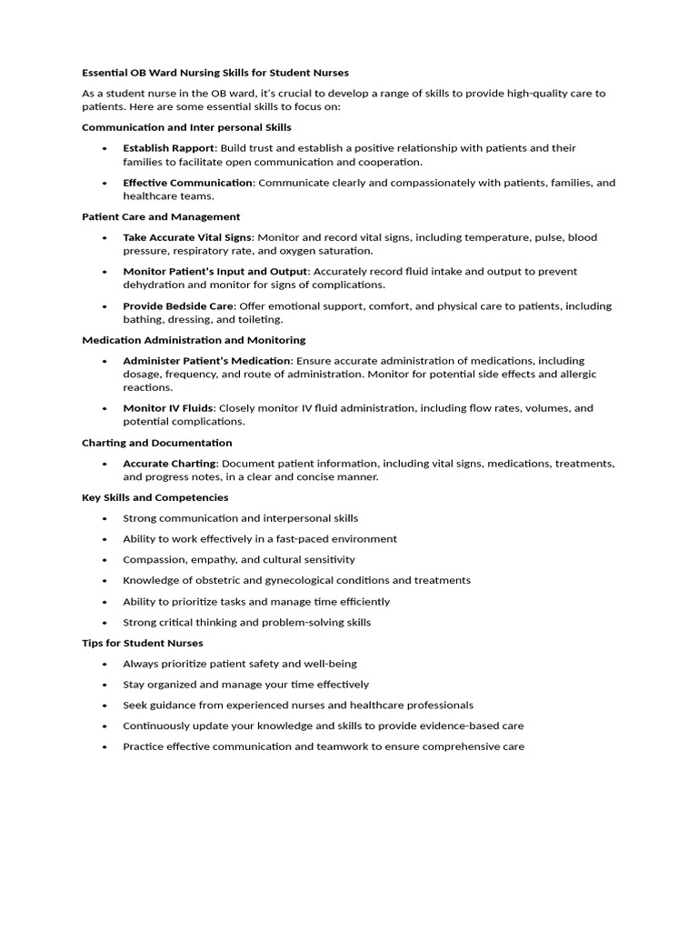 Essential OB Ward Nursing Skills For Student Nurses | PDF