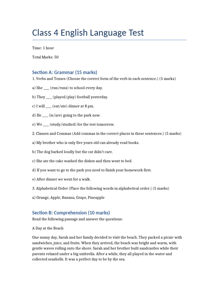 Class_4_English_Language_Test_with_Comprehension_v2 | PDF