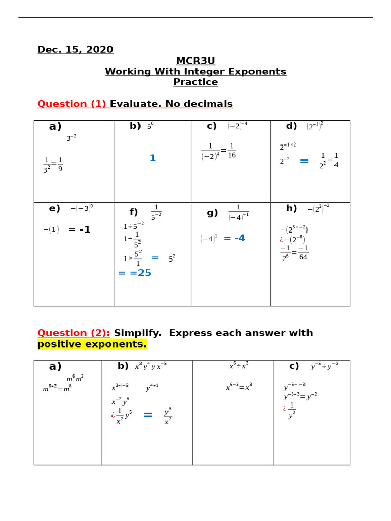 Solution - MCR3U - Working - With - Integer - Exponents - Practice ...