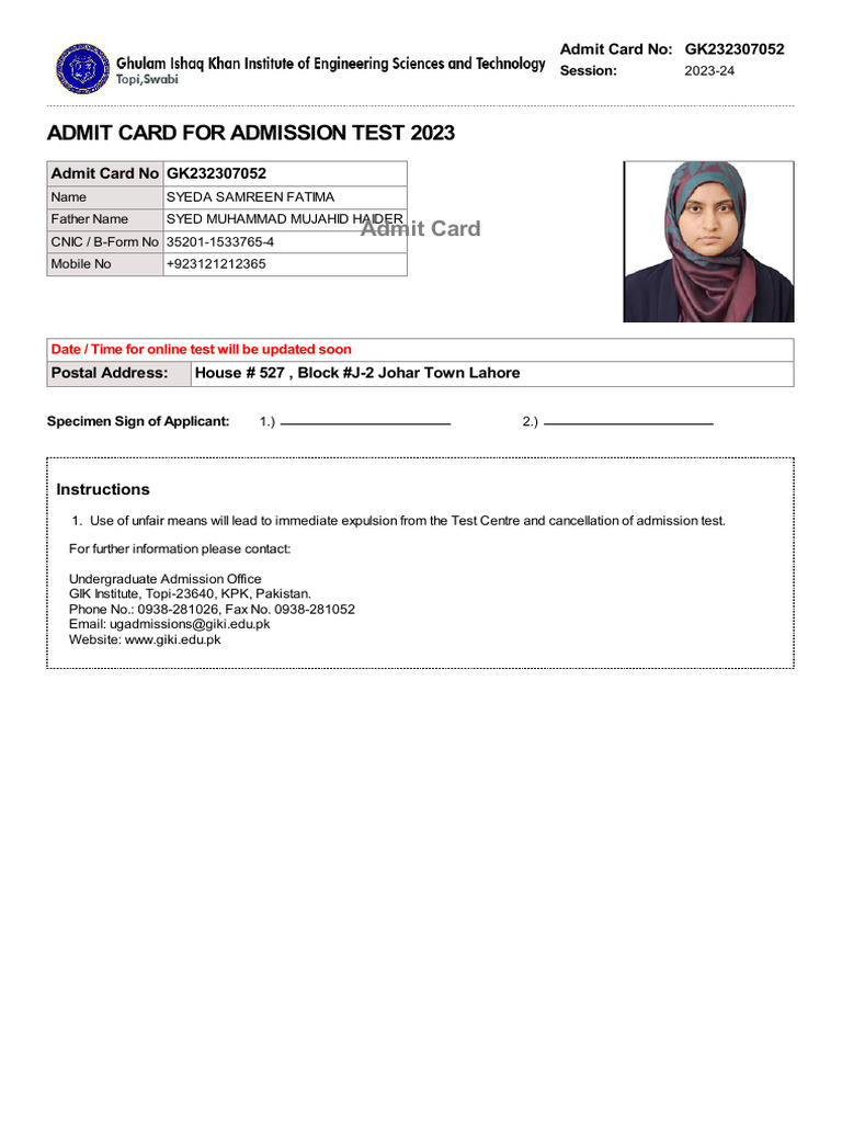 GIKI AdmitCard | PDF