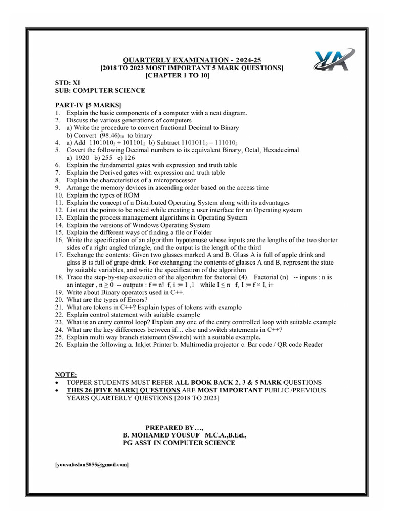 11th Computer Science Chapter 1 to 10 Important 5 Mark Questions English Medium PDF Download | PDF