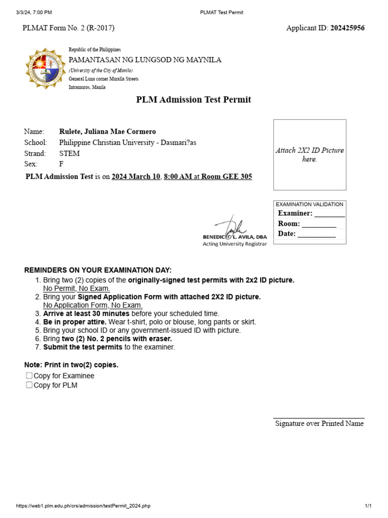 PLMAT Test Permit | PDF