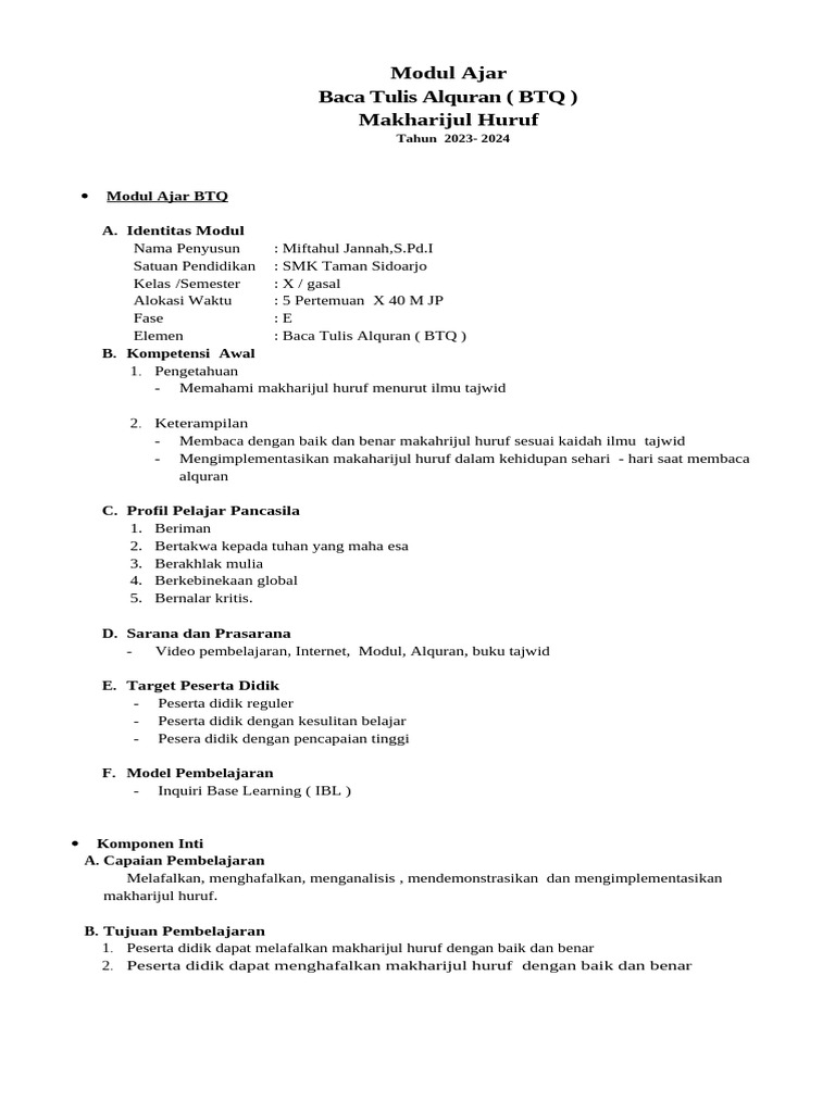 Modul BTQ Makaharijul Huruf | PDF
