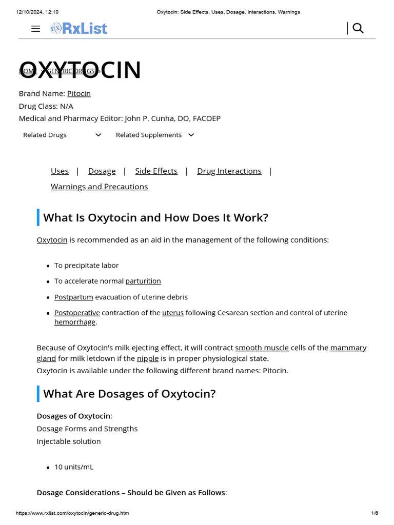 Oxytocin - Side Effects, Uses, Dosage, Interactions, Warnings | PDF